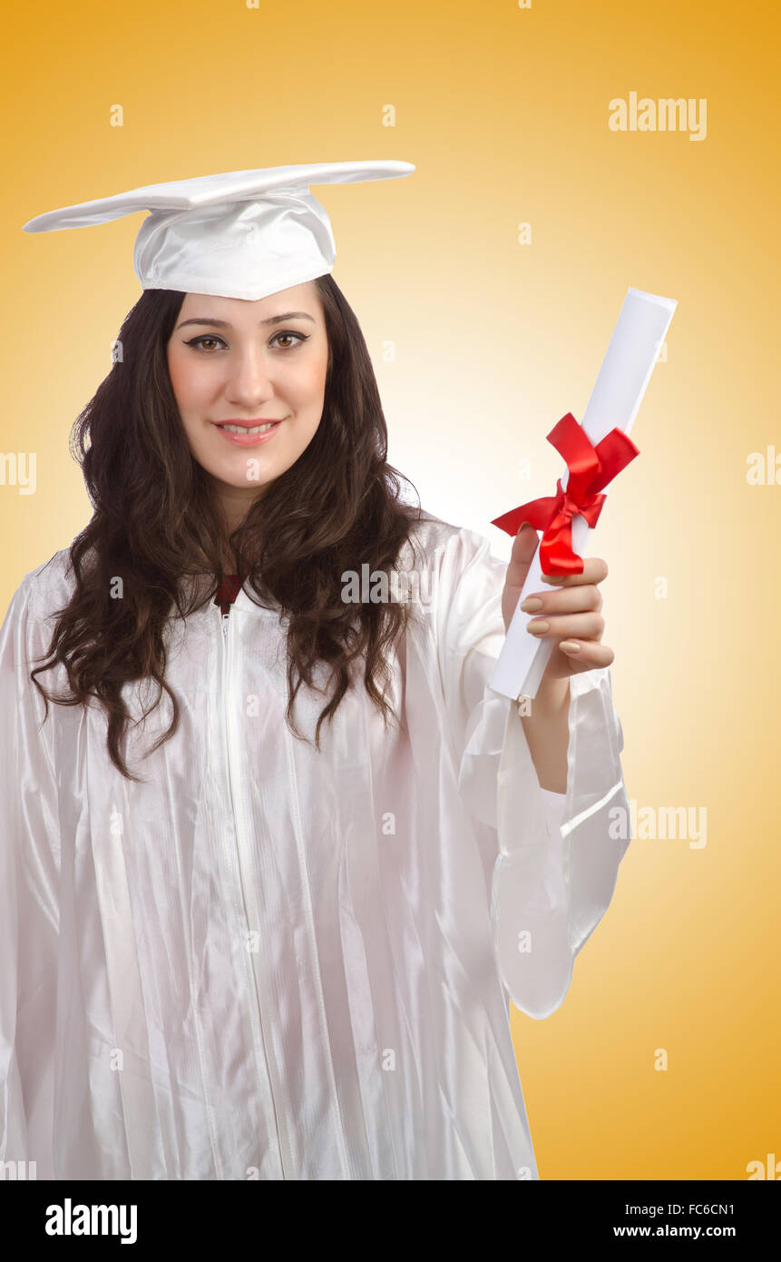 Happy graduate on white background Stock Photo - Alamy