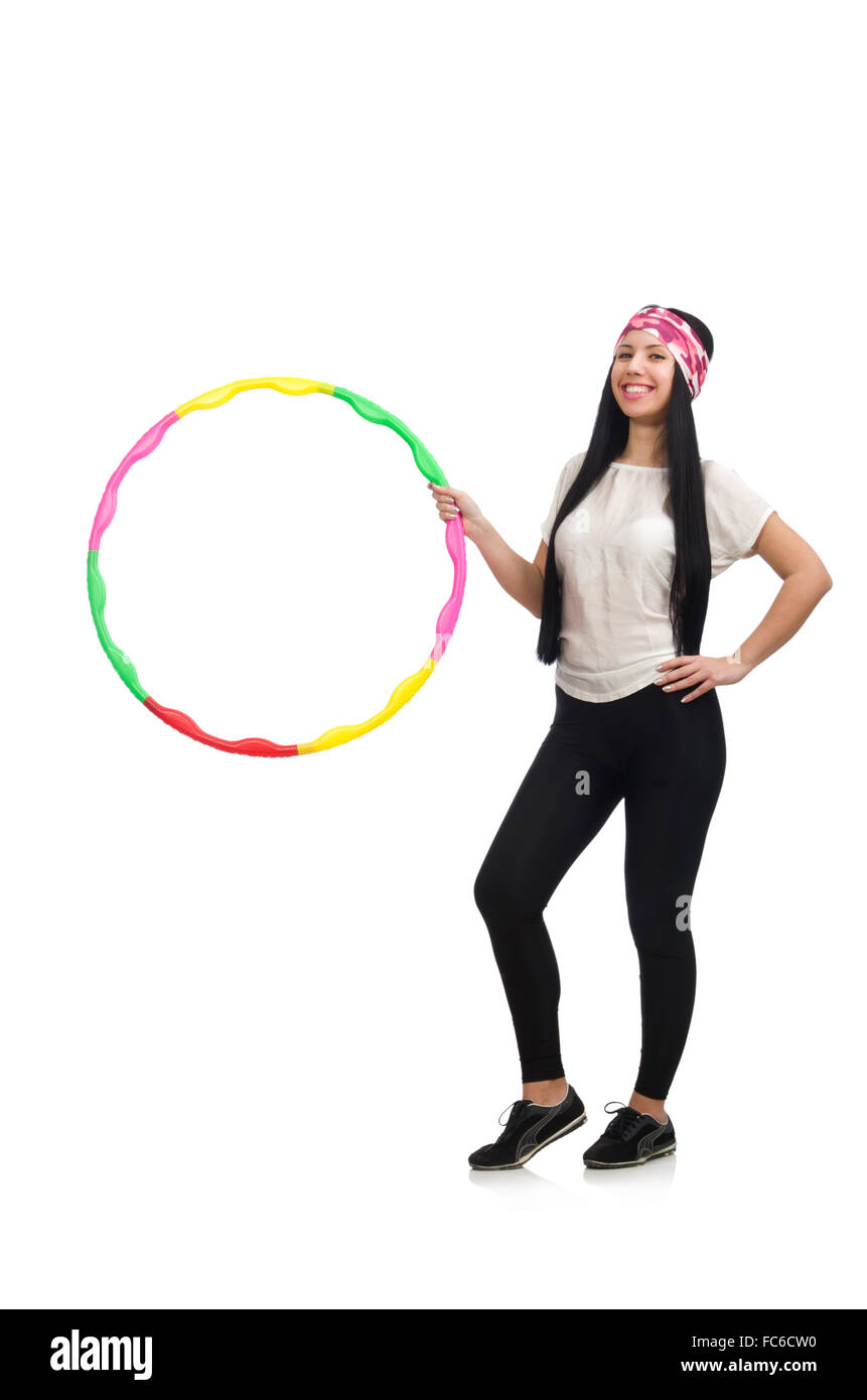 A girl in sport suit with hula hoop isolated on white Stock Photo - Alamy
