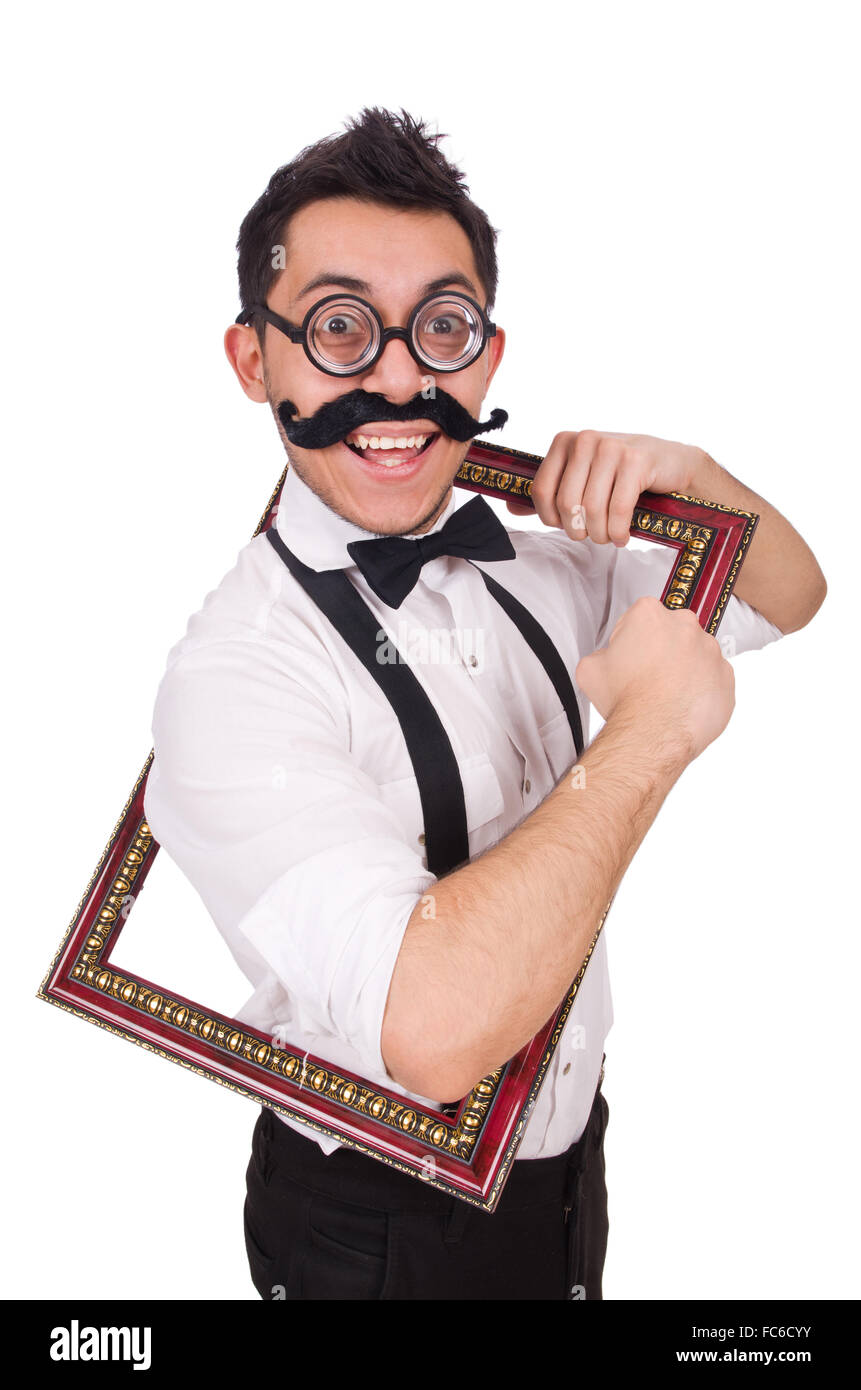 Young man with frame isolated on white Stock Photo - Alamy