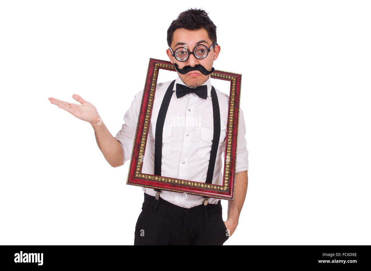Young man with frame isolated on white Stock Photo - Alamy