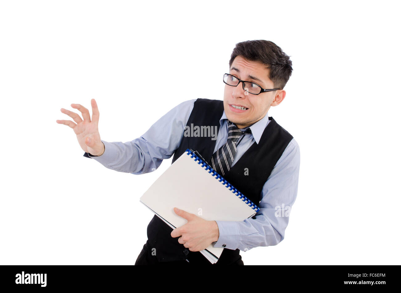 Young employee with paper isolated on white Stock Photo - Alamy