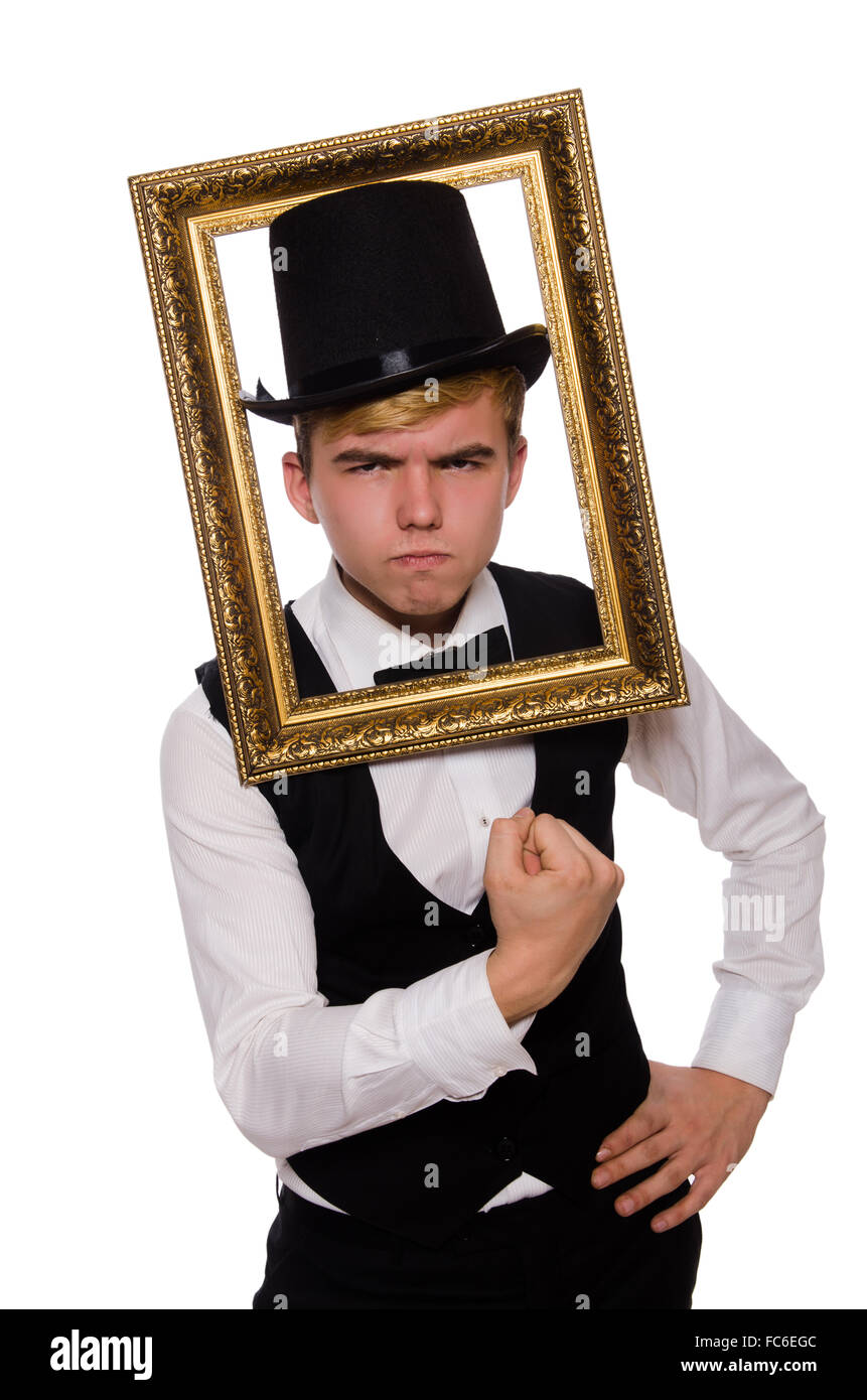 Guy with photo frame isolated on white Stock Photo - Alamy