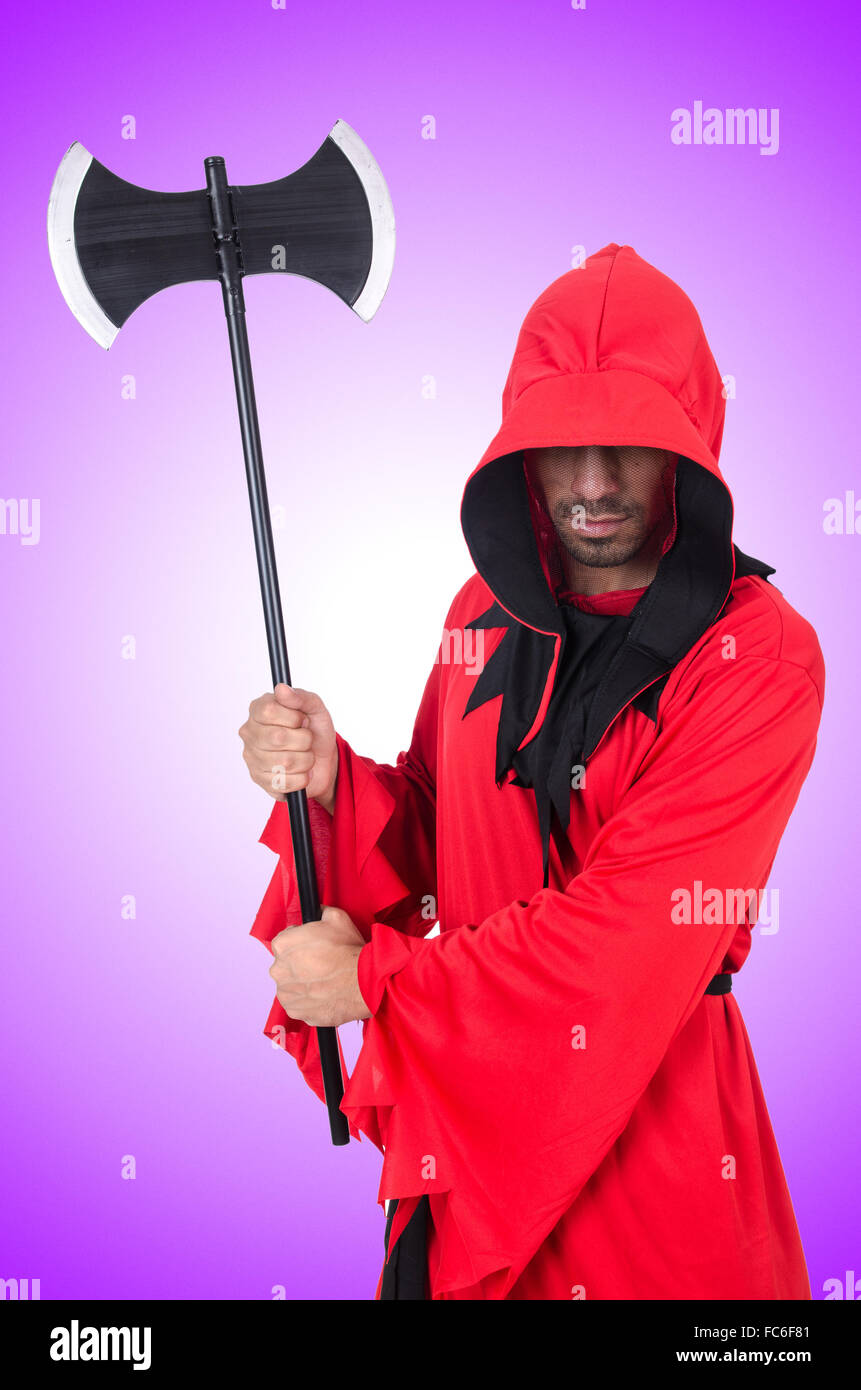Executioner in red costume with axe on white Stock Photo - Alamy
