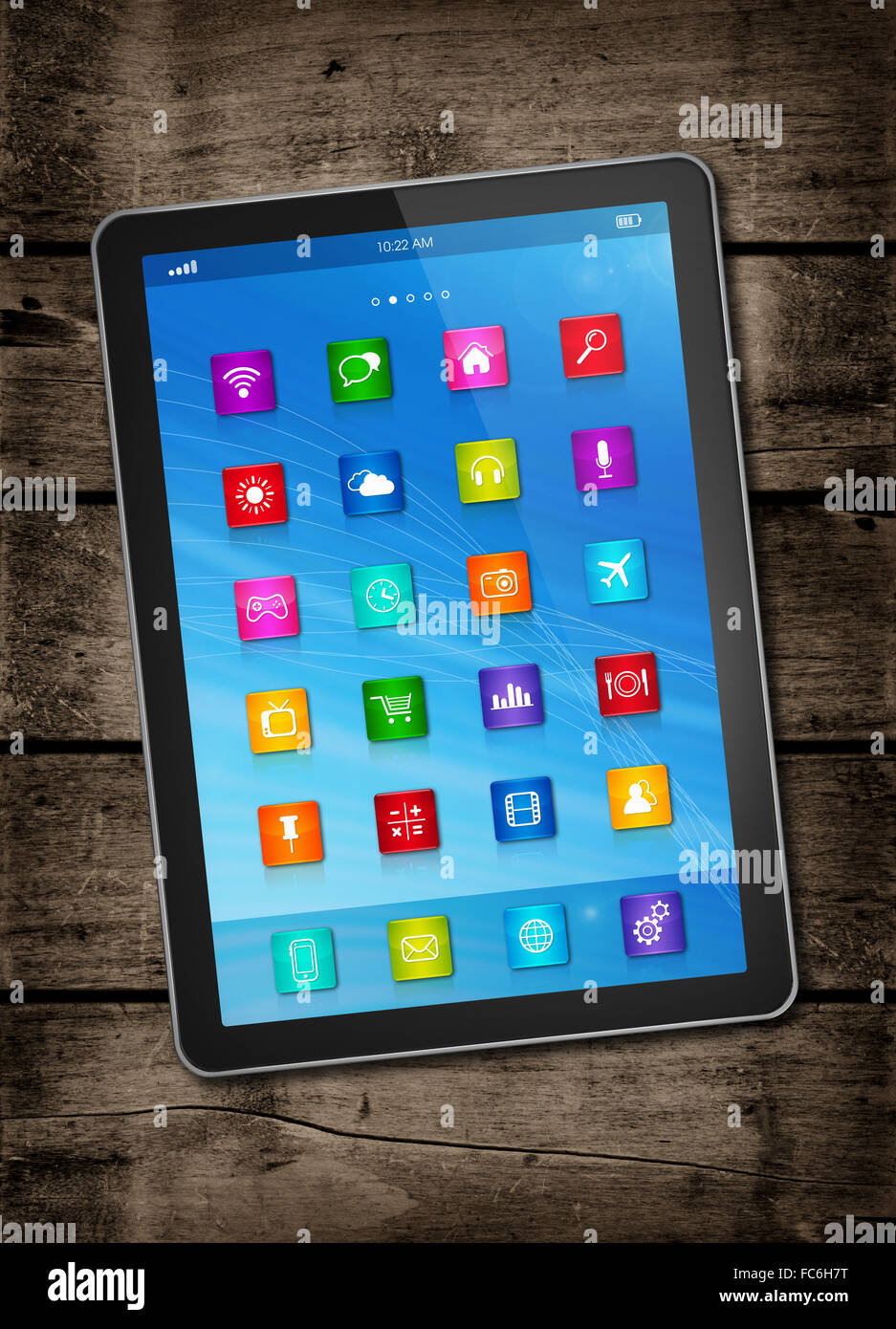 Digital tablet PC on a dark wood table Stock Photo - Alamy