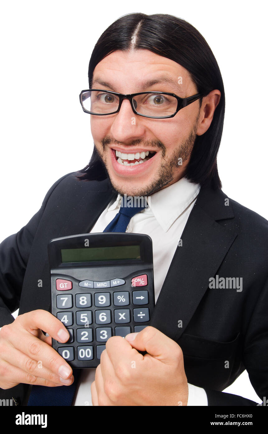 Man with calculator isolated on white Stock Photo - Alamy