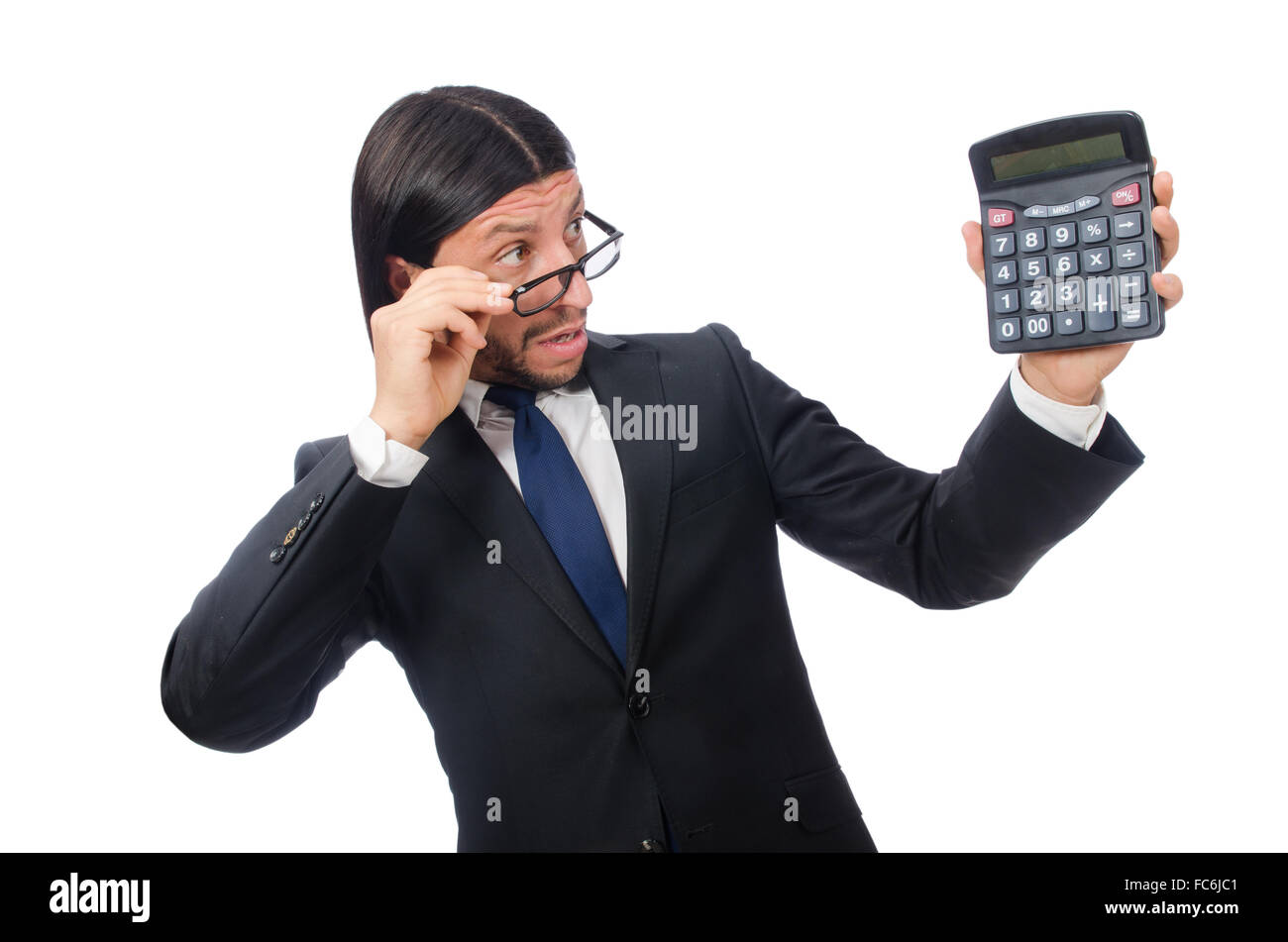 Man with calculator isolated on white Stock Photo - Alamy