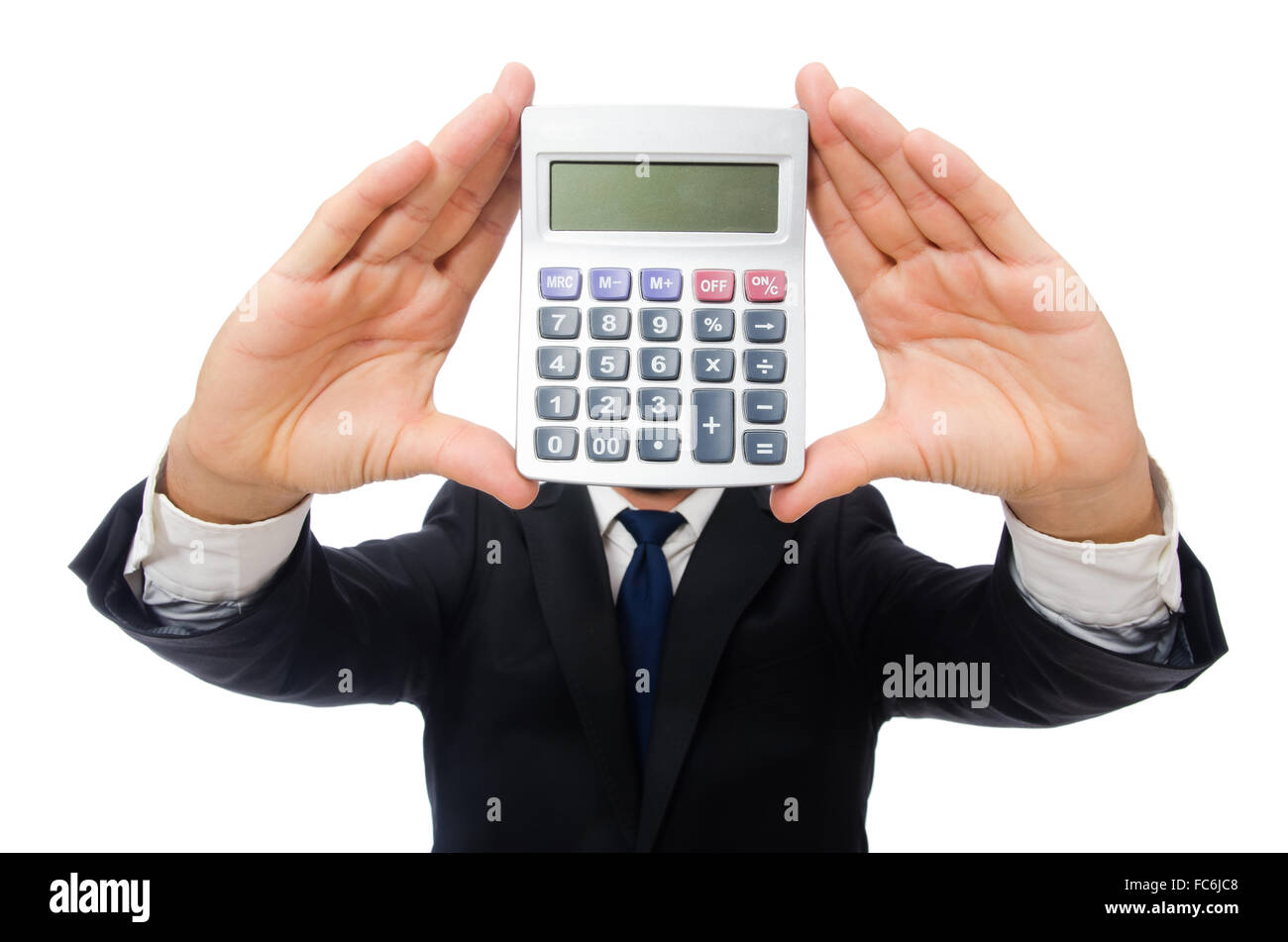 Man with calculator isolated on white Stock Photo - Alamy