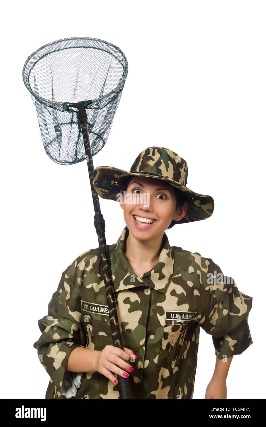 Woman in military clothing with catching net Stock Photo - Alamy