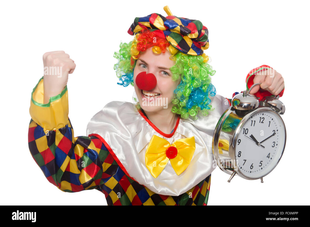 Clown with clock isolated on white Stock Photo - Alamy
