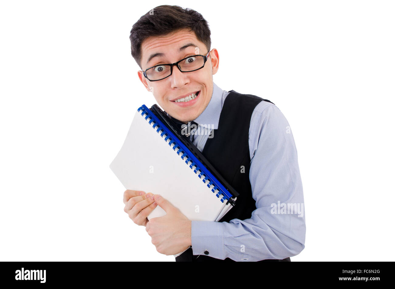 Young employee with paper isolated on white Stock Photo - Alamy