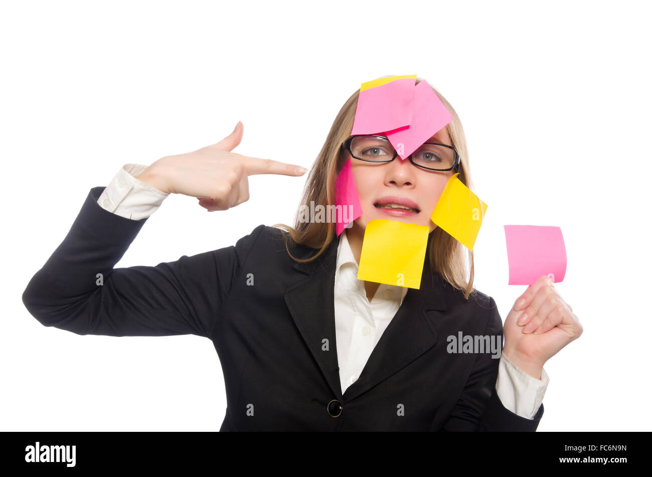 Woman with reminders isolated on white Stock Photo - Alamy