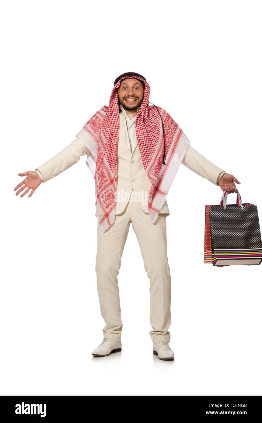 Arab man with shopping bags on white Stock Photo - Alamy