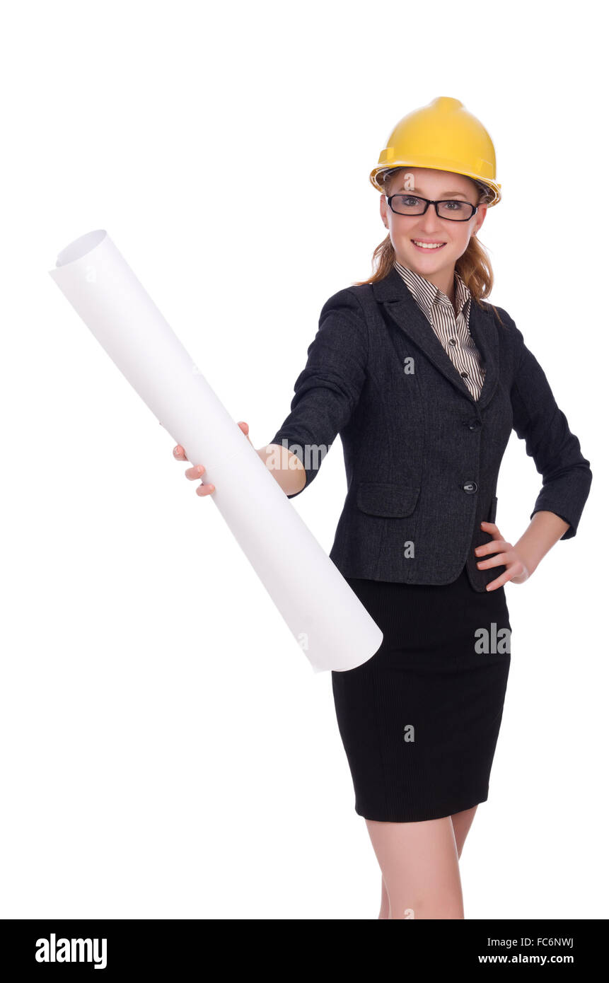 Woman architect with blueprints on white Stock Photo - Alamy