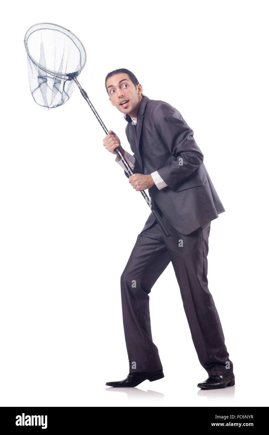 Funny businessman with catching net on white Stock Photo - Alamy