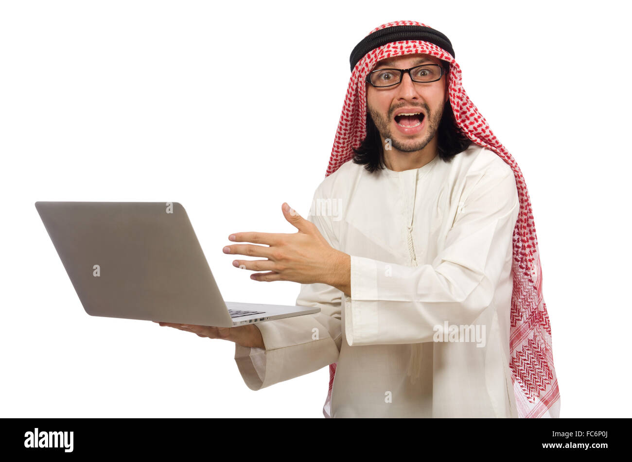 Arab man with laptop isolated on white Stock Photo - Alamy