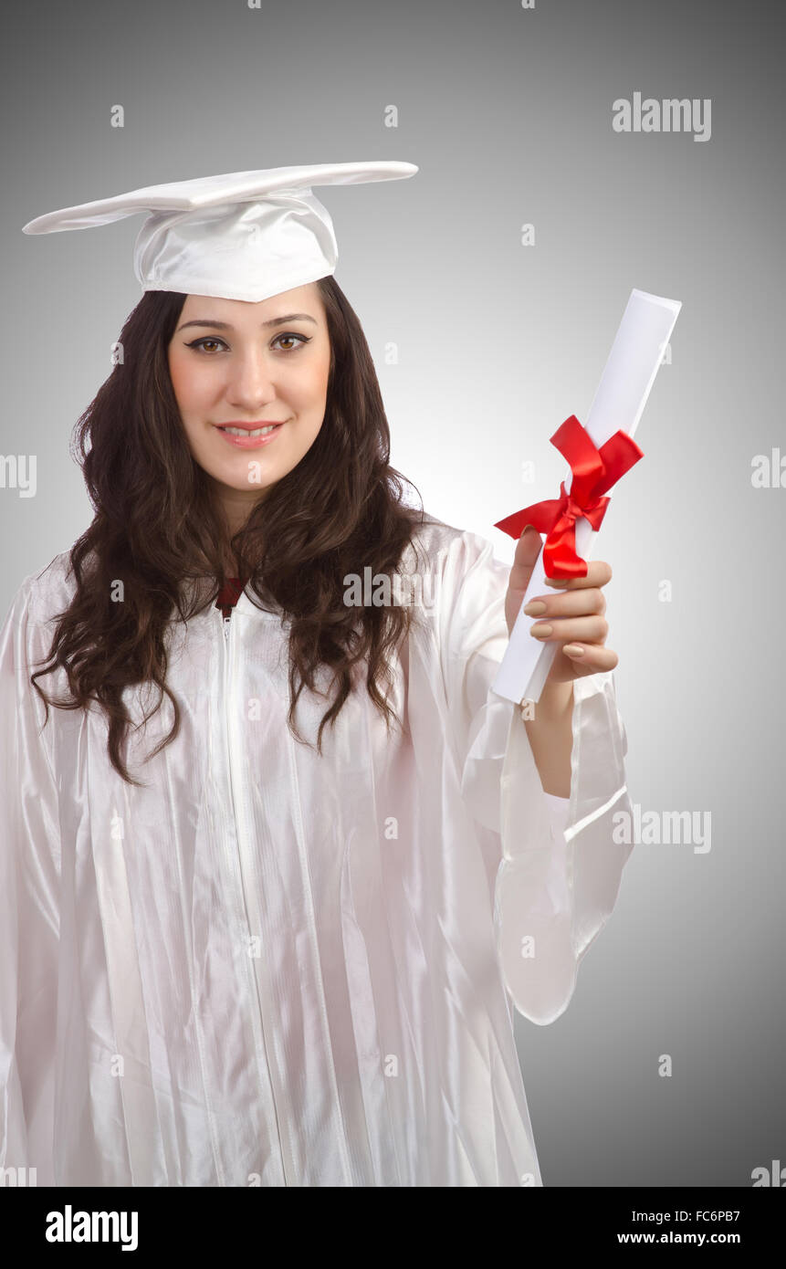 Happy graduate on white background Stock Photo - Alamy