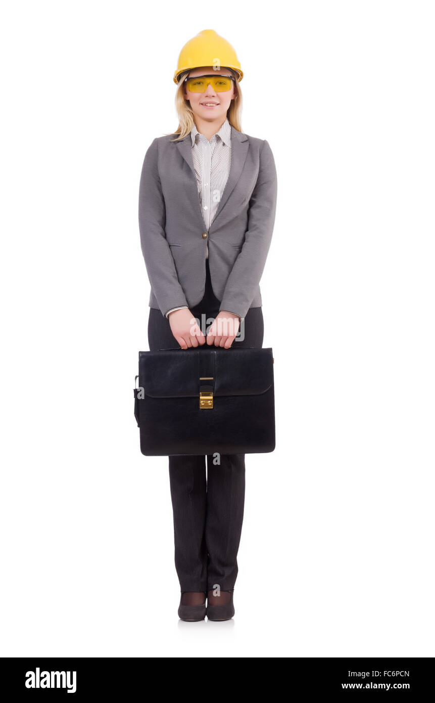 Female engineer in helmet and briefcase isolated on white Stock Photo ...