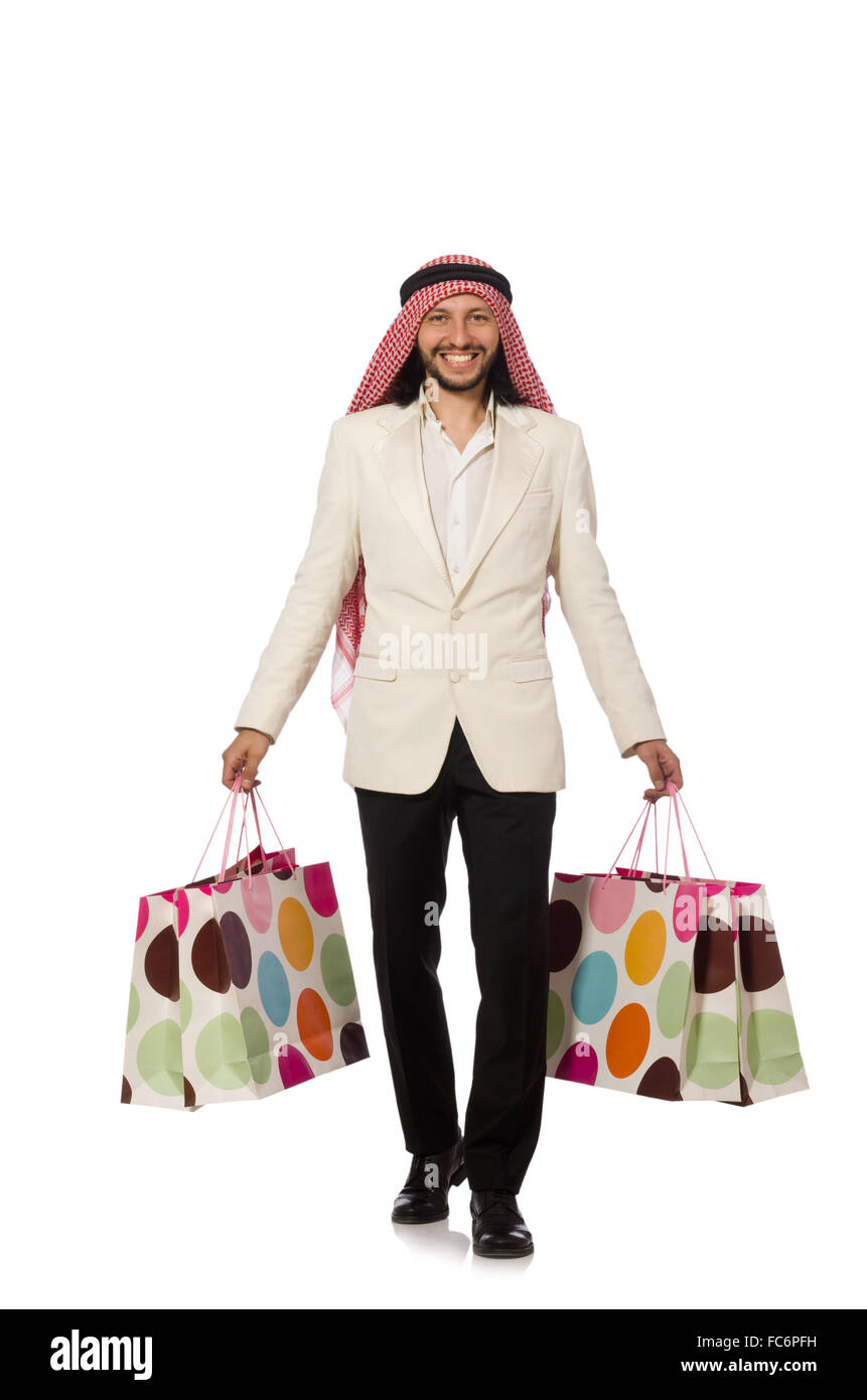 Arab man with shopping bags on white Stock Photo - Alamy