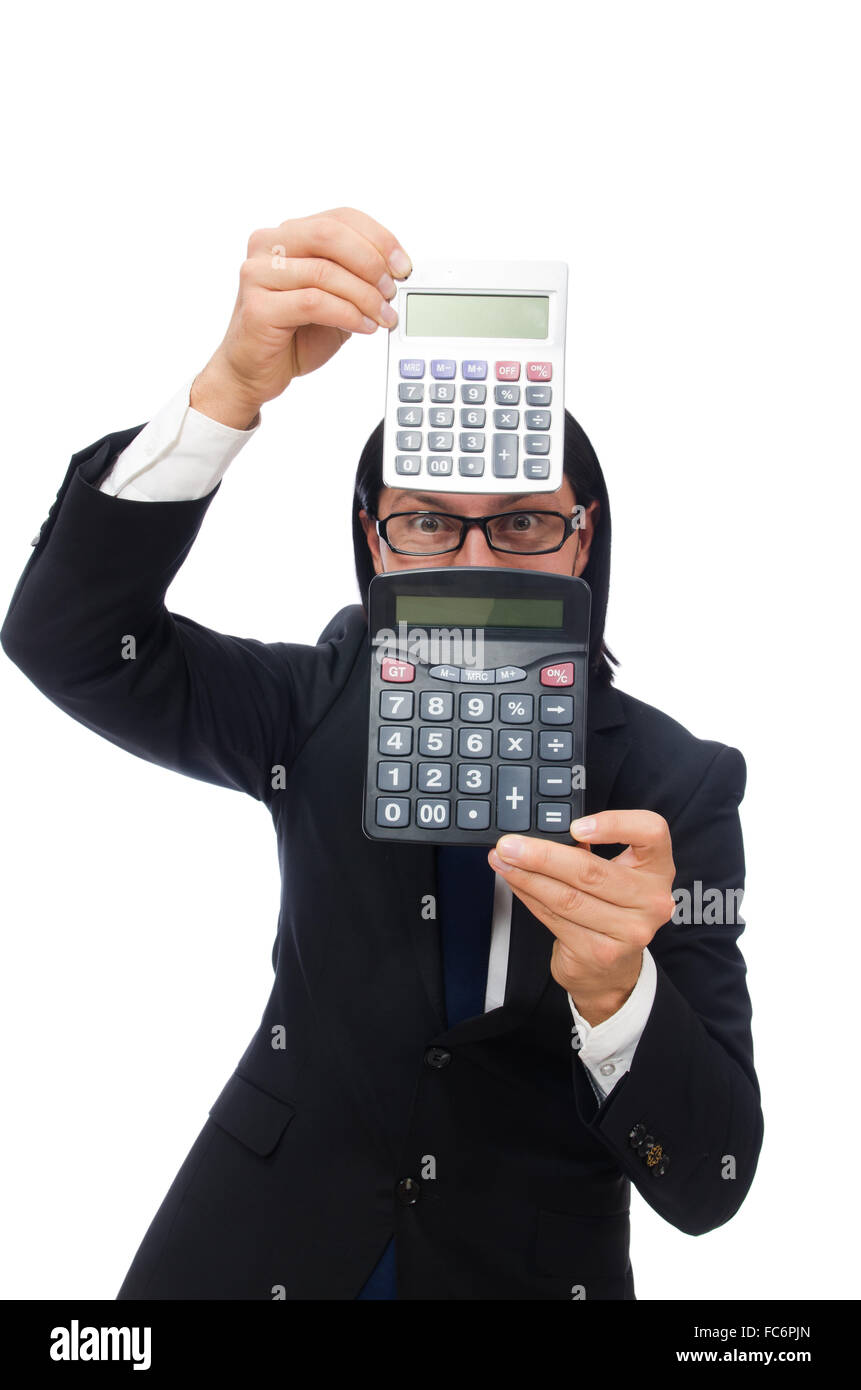 Man with calculator isolated on white Stock Photo - Alamy