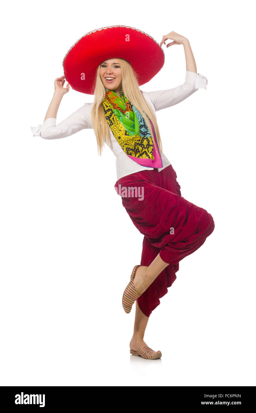 Mexican girl with sombrero dancing on white Stock Photo - Alamy