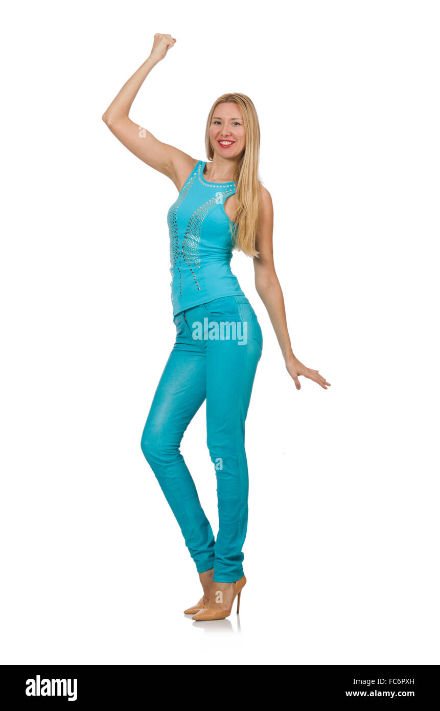 Beautiful girl in blue clothing isolated on white Stock Photo - Alamy