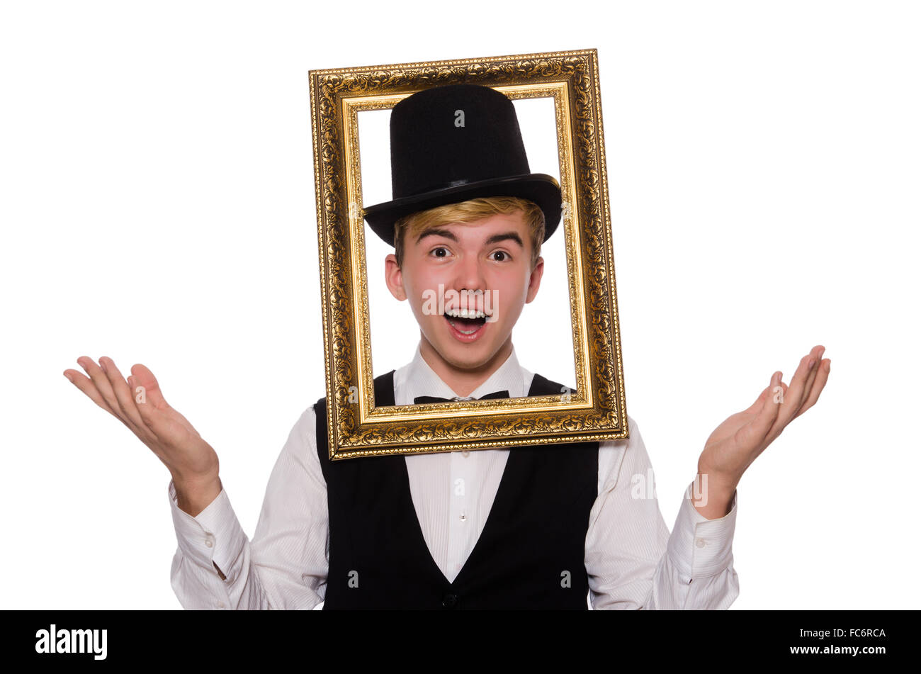 Guy with photo frame isolated on white Stock Photo - Alamy