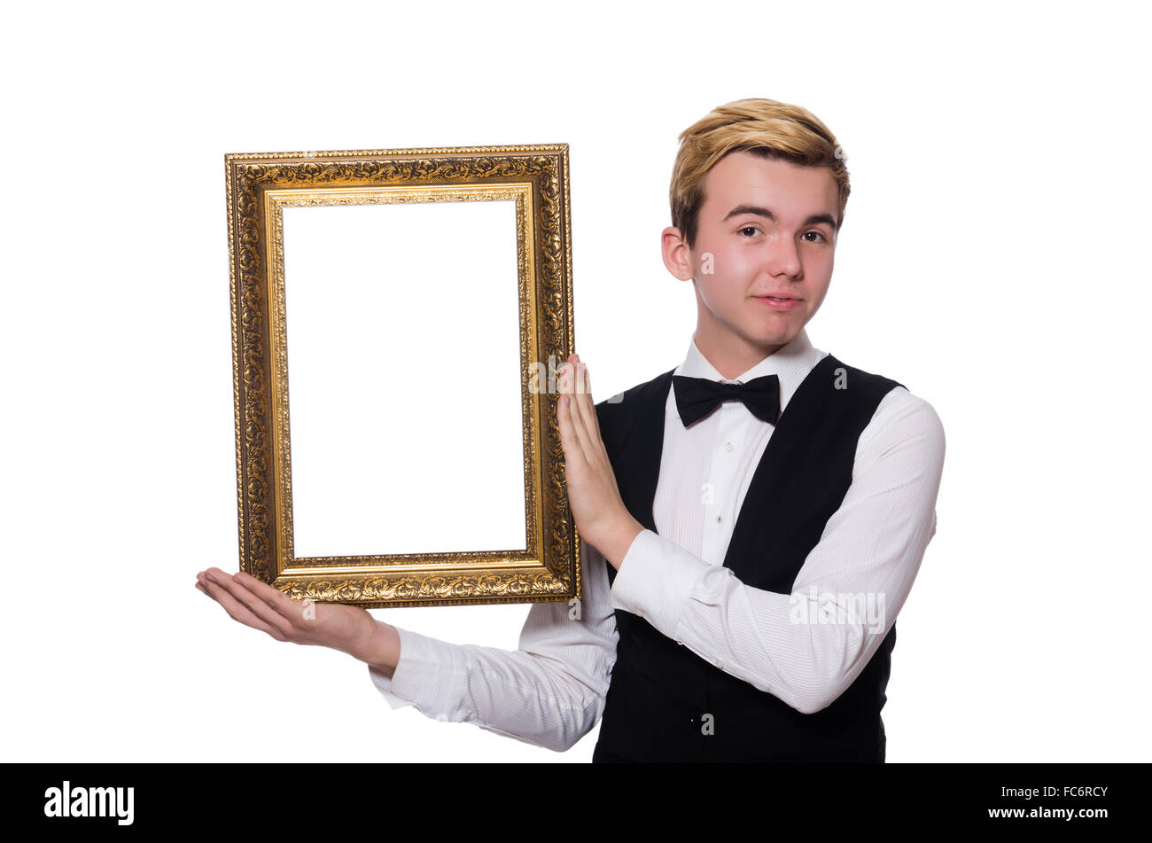 Guy with photo frame isolated on white Stock Photo - Alamy