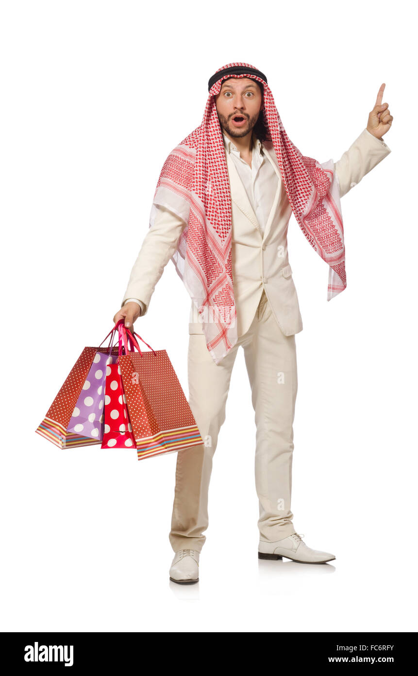 Arab man with shopping bags on white Stock Photo - Alamy