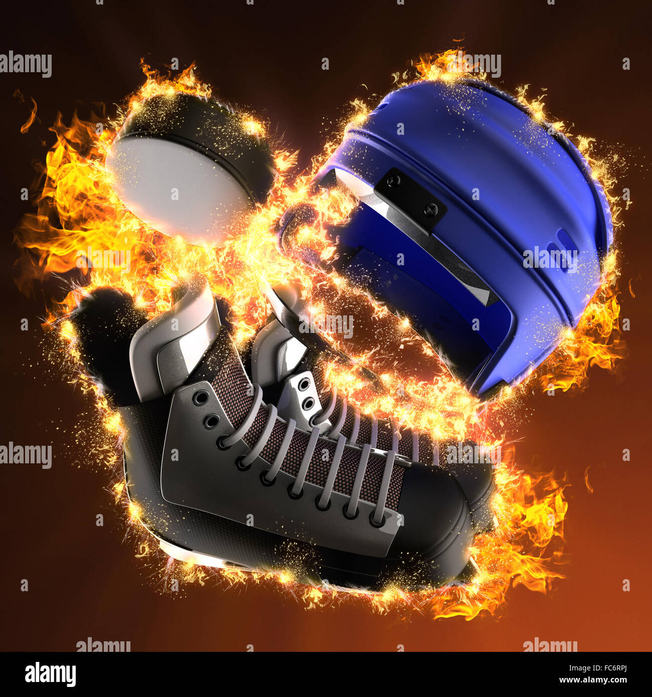 hockey puck and hockey equipment in fire Stock Photo - Alamy