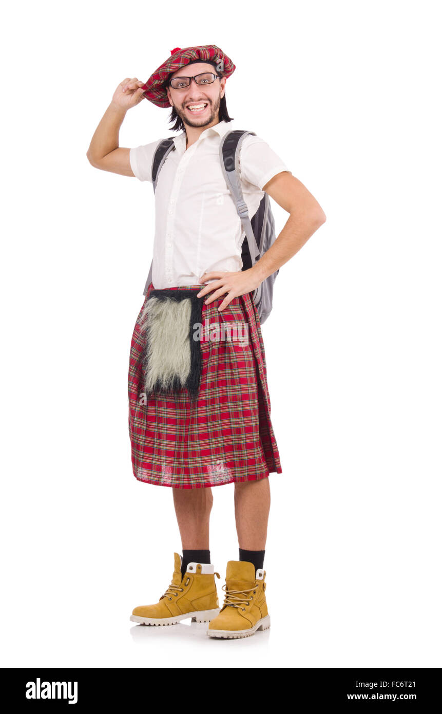 Man in scottish skirt isolated on white Stock Photo - Alamy