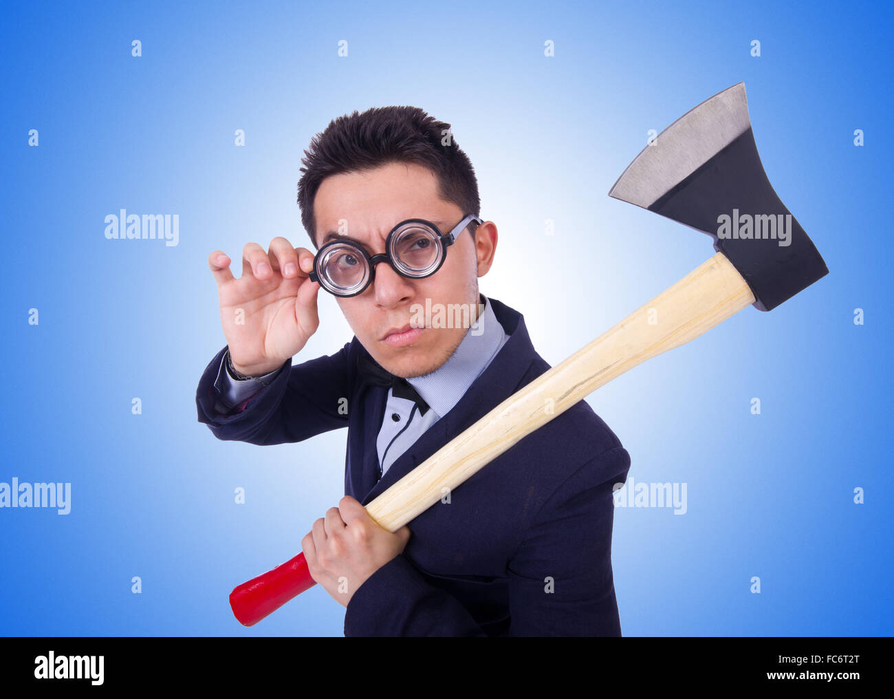 Funny man with axe on white Stock Photo - Alamy