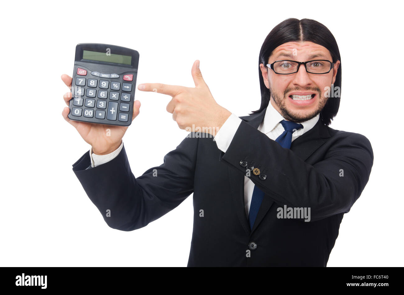 Man with calculator isolated on white Stock Photo - Alamy