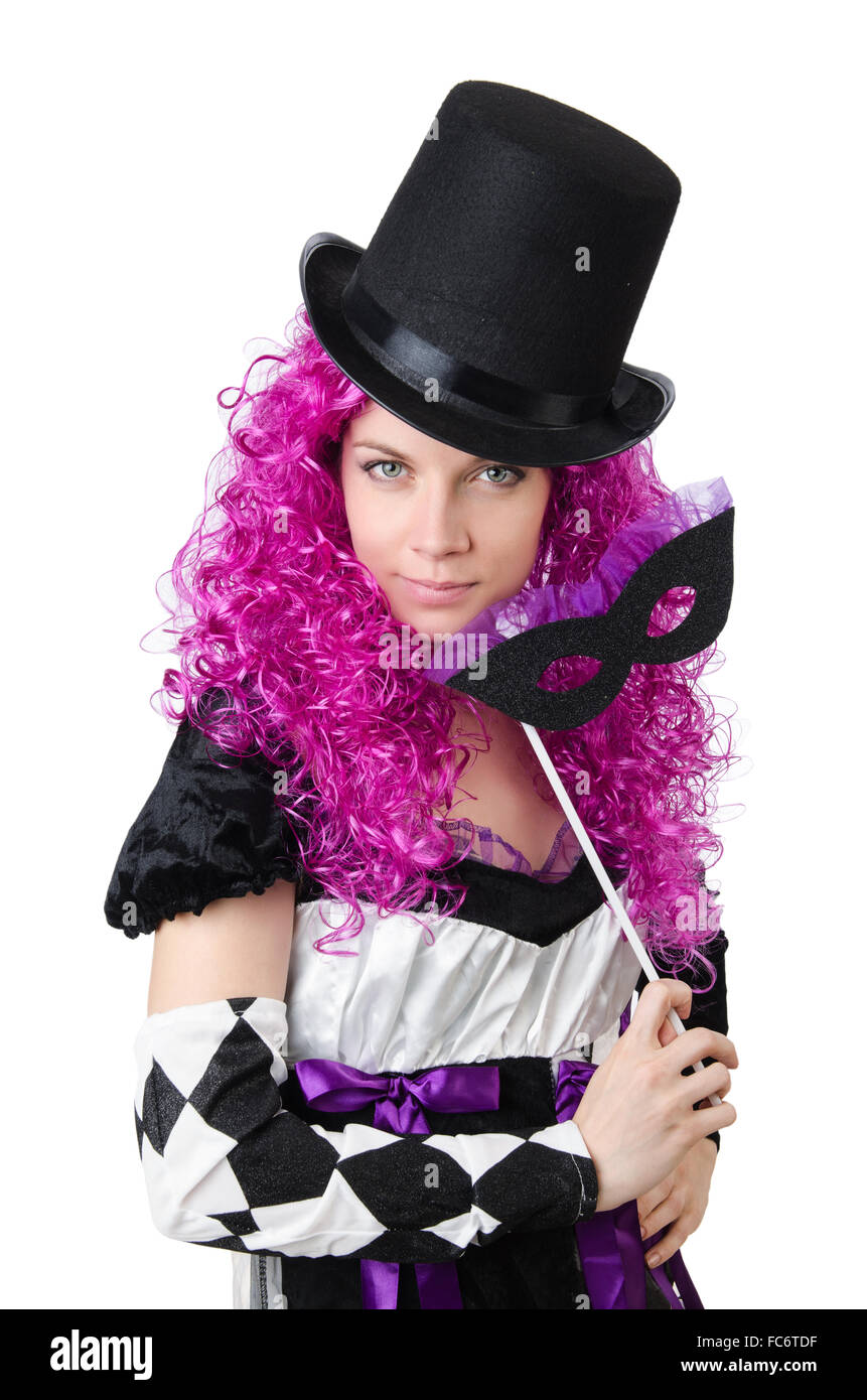 Pretty girl in jester costume isolated on white Stock Photo - Alamy