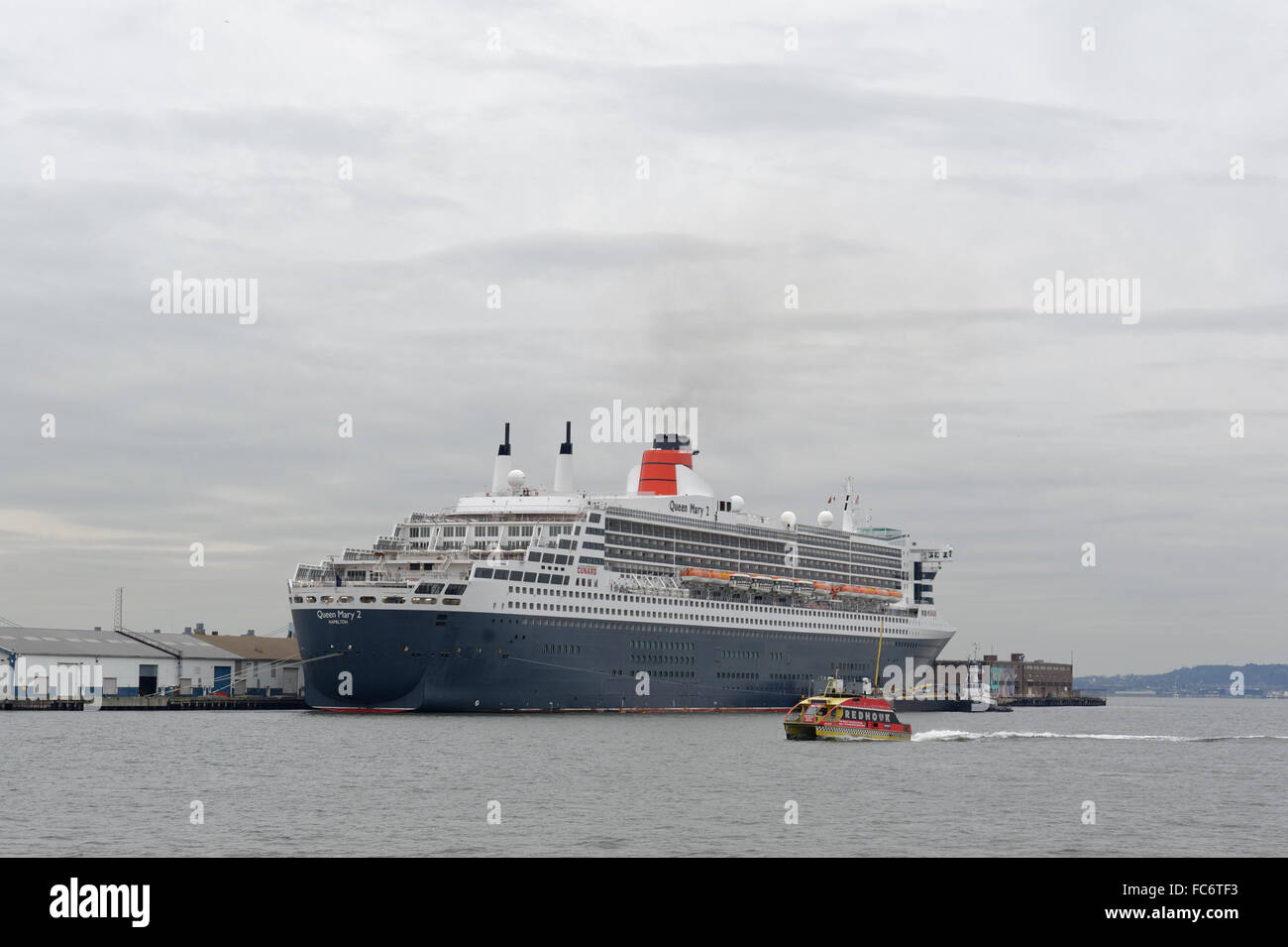 Cunard’s ocean liner, Queen Mary 2, docked in Red Hook, Brooklyn, with ...