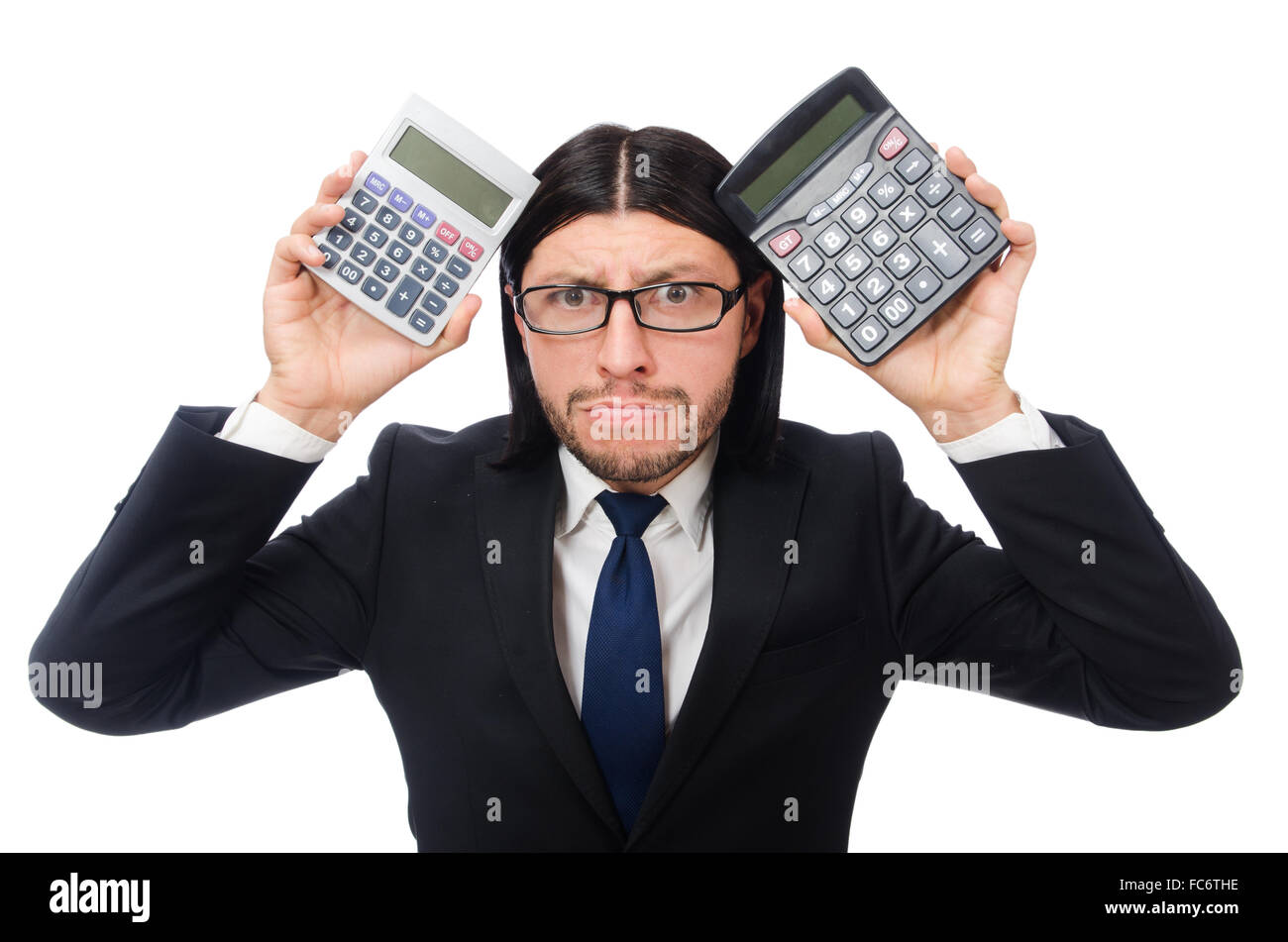 Man with calculator isolated on white Stock Photo - Alamy