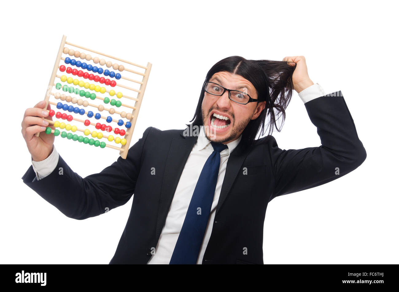 Funny man with calculator and abacus Stock Photo - Alamy