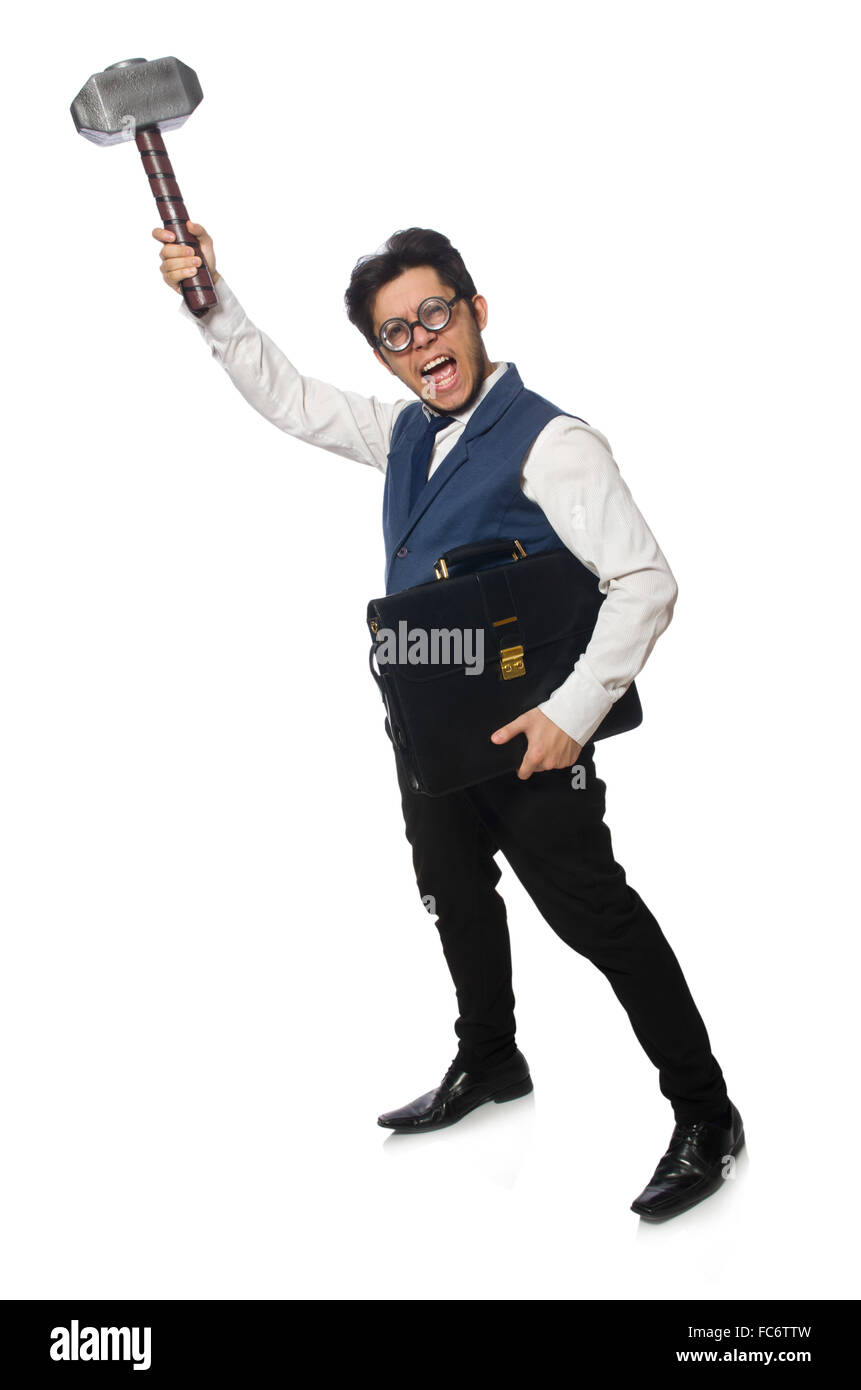 Young man holding hammer isolated on white Stock Photo - Alamy