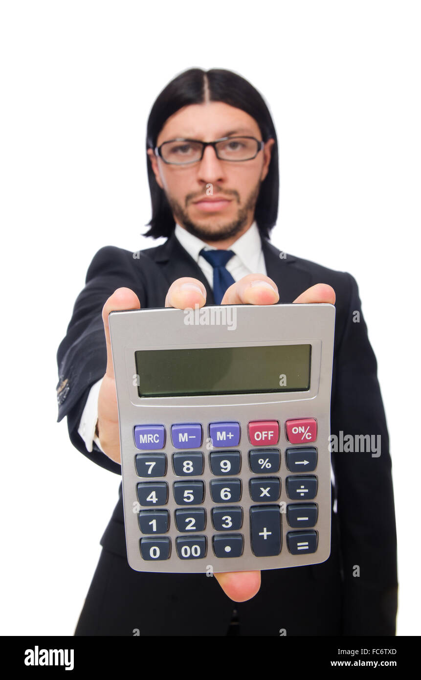Man with calculator isolated on white Stock Photo - Alamy