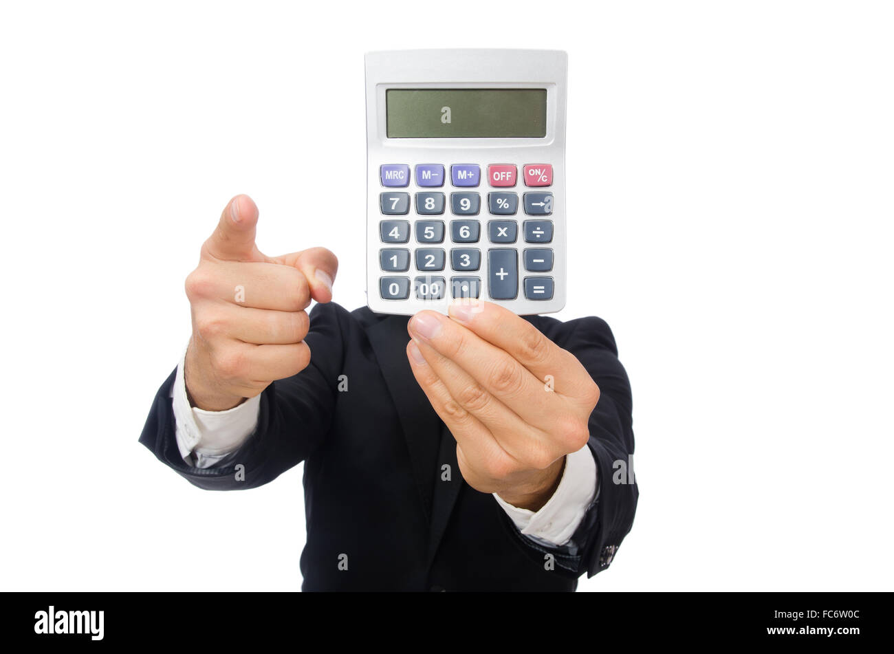 Man with calculator isolated on white Stock Photo - Alamy