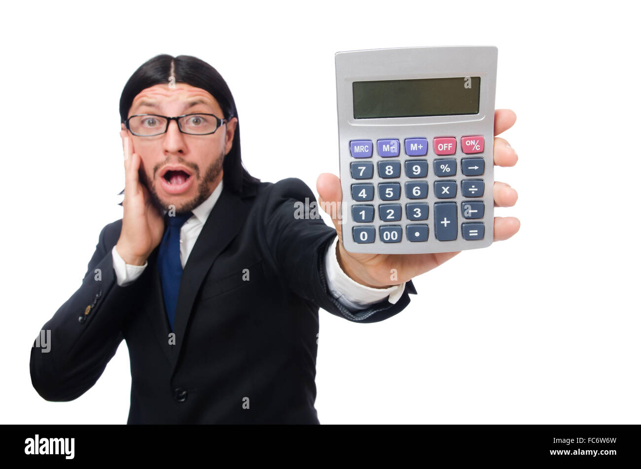 Man with calculator isolated on white Stock Photo - Alamy