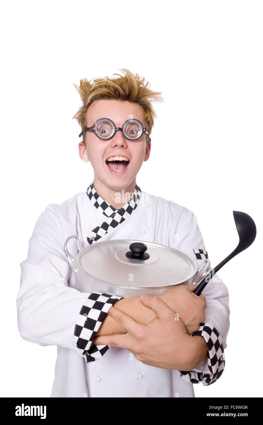 Funny chef holding pan and spoon isolated on white Stock Photo - Alamy