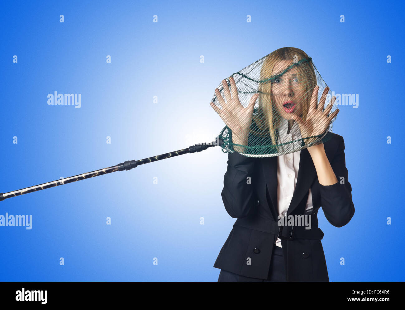 Woman with net isolated on white Stock Photo - Alamy