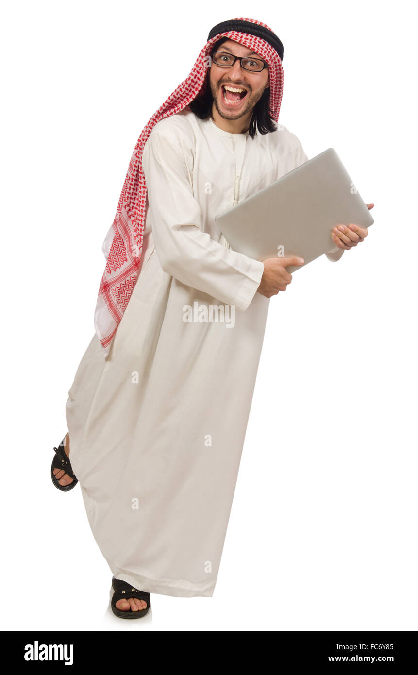 Arab man with laptop isolated on white Stock Photo - Alamy