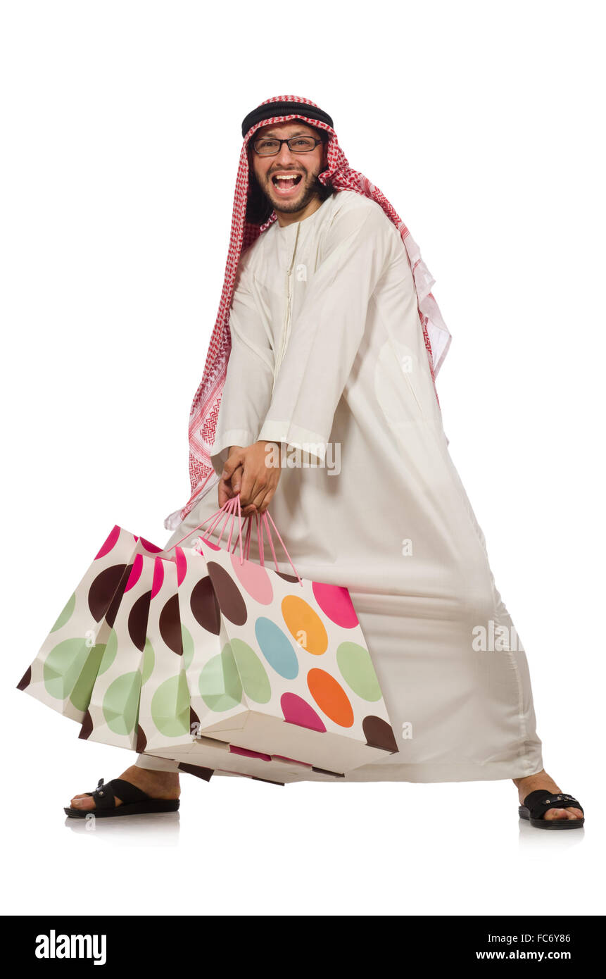 Arab man with shopping bags on white Stock Photo - Alamy