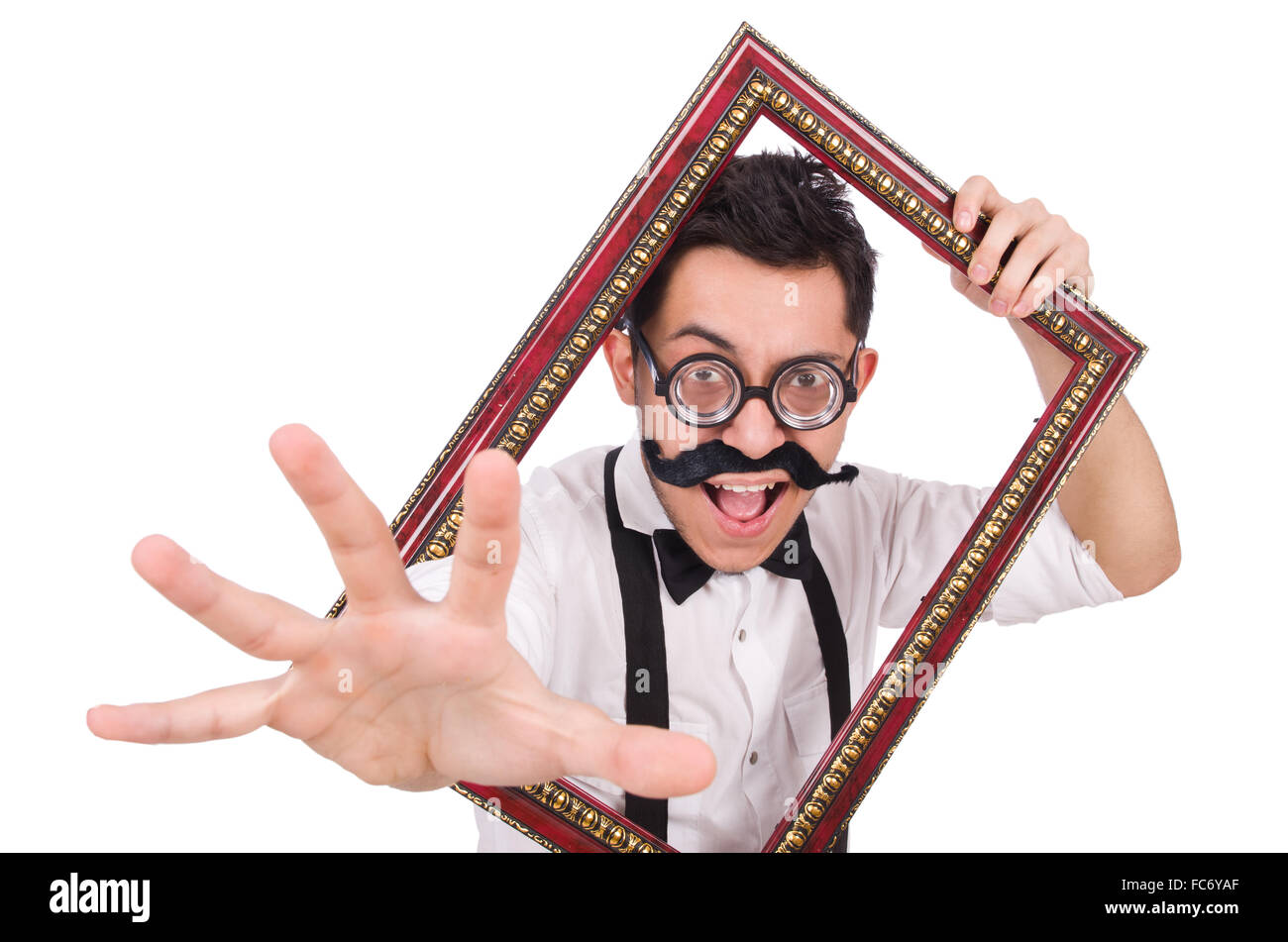 Young man with frame isolated on white Stock Photo - Alamy
