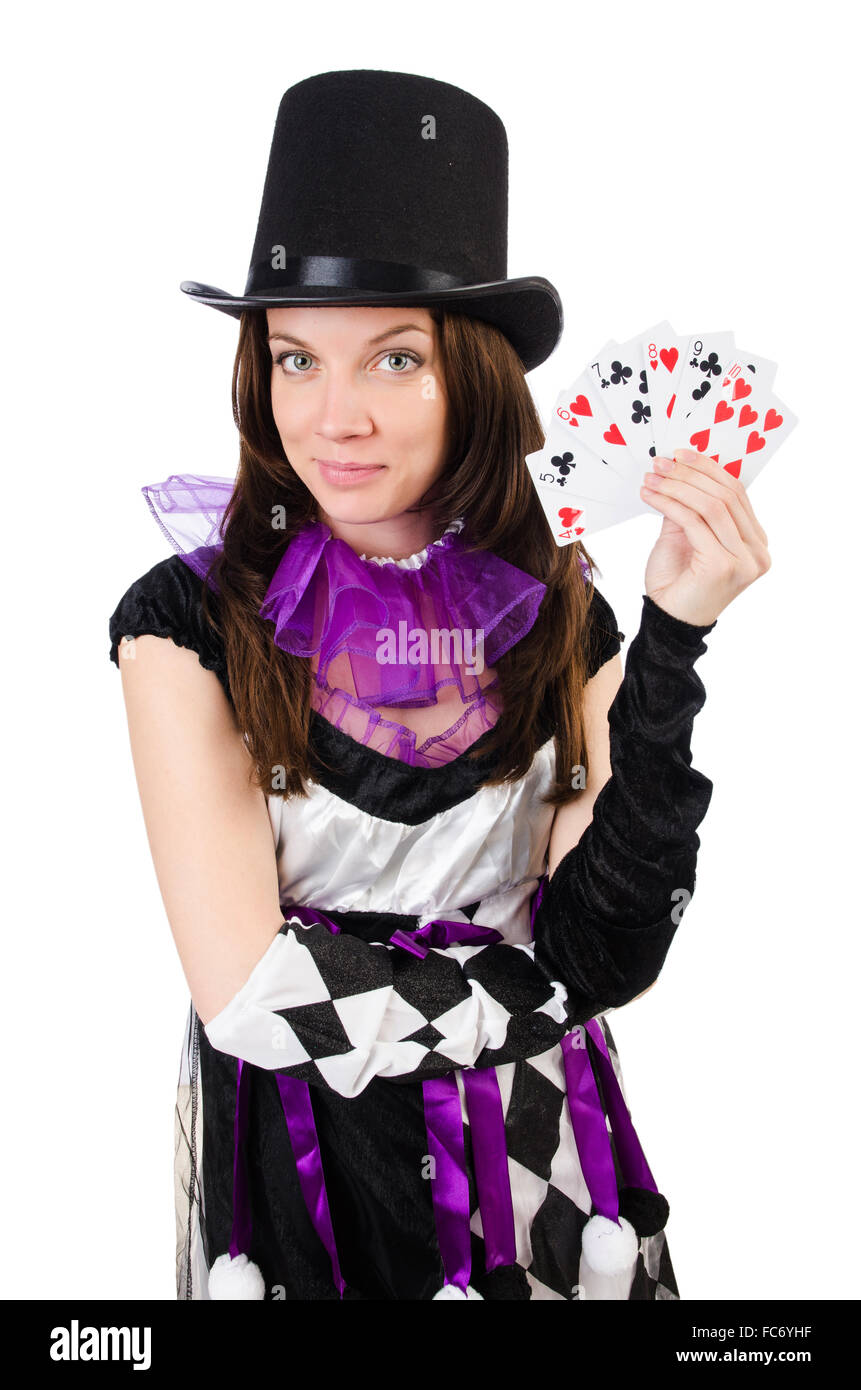 Pretty girl in jester costume with cards isolated on white Stock Photo ...
