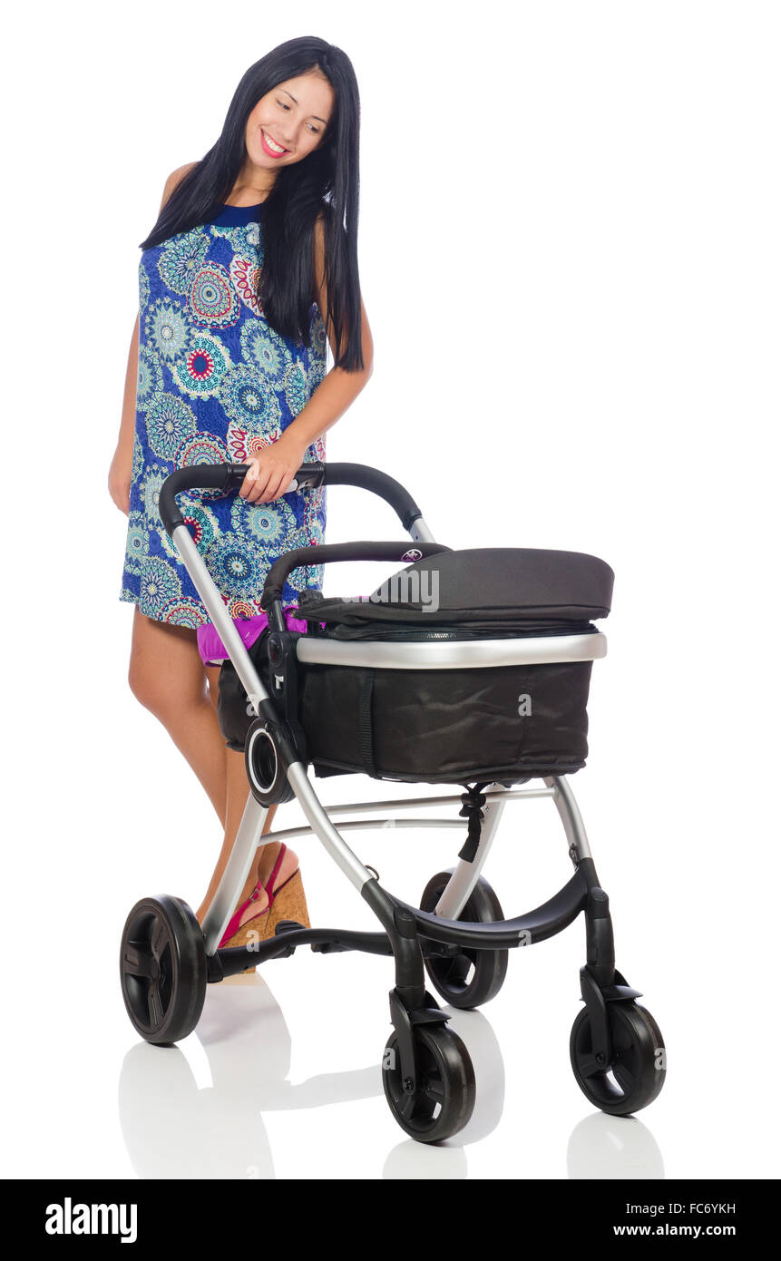 Happy mom with her baby in pram Stock Photo - Alamy