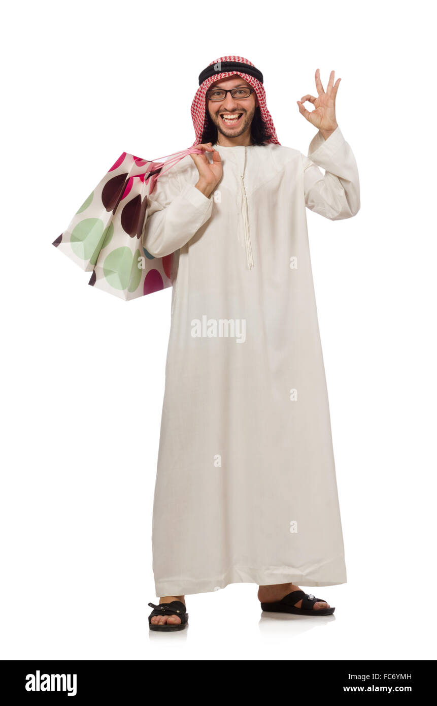 Arab man with shopping bags on white Stock Photo - Alamy