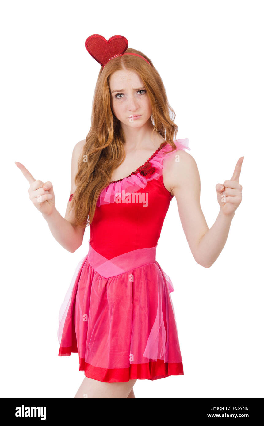 Pretty young model in mini pink dress isolated on white Stock Photo - Alamy