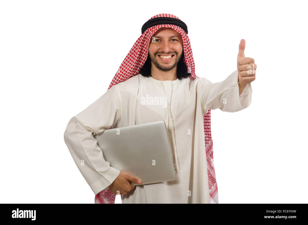 Arab man with laptop isolated on white Stock Photo - Alamy